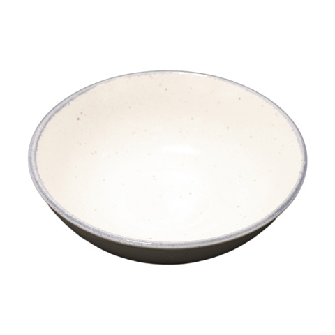 PORCELAIN ROUND SHALLOW BOWL Ø6.5", SPECKLED WHITE WITH BLUE RIM